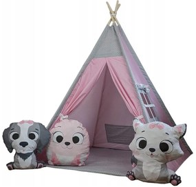 Dětský stan TEEPEE (TÝPÍ) ANIMALS s doplňky - RŮŽOVÁ PARTIČKA - růžový/šedý