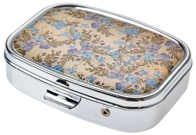 Kovová krabička na pilulky / šperky s modrými květy - 4*5 cm