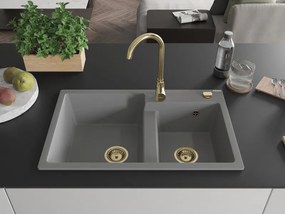 Mexen Tomas, granitový dřez 800x500x190 mm, 2-komorový, šedá se zlatým sifonem, 6516802000-71-G