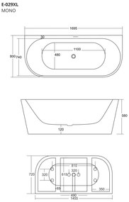 Aplomo Mono volně stojící akrylátová vana, standardní okraj Délka vany: 150cm