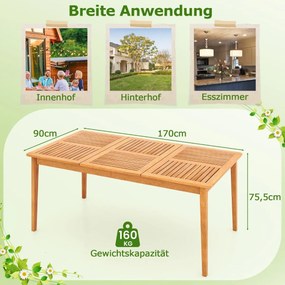 Costway Zahradní stůl akátové dřevo velký pro 6 osob – 170 × 90 cm, přírodní