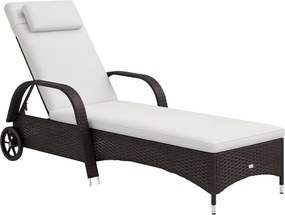 Outsunny Zahradní Lehátko z Polyrattanu s 5stupňově Nastavitelným Opěradlem, Polstrem, Kolíčky, Vankúšom, Nosnost 160kg, 200x73x30-103cm, Kávově hnědá