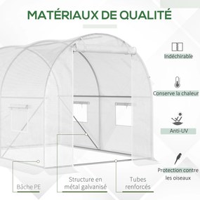 Skleník pochodový tůnel Outsunny 6 m² 3D x 2Š x 1.9V m, Zpevněná pozinkovaná ocel průměr 2.4 cm + Okna z vysokohustotního PE, Bílý