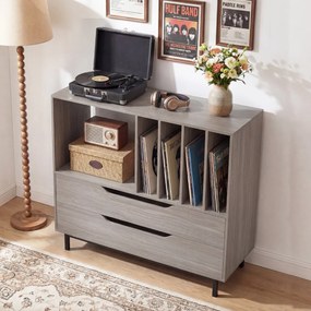 Costway Stojan na gramofon s 4 vinylovými přihrádkami a 2 zásuvkami