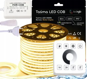 Set Led pásek Cob 230V 30 m 3000K Bílý Teplý Napájecí Zdroj Ovladač Dálkový Ovladač