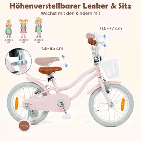 Costway 16 Inch dětské kolo s tréninkovými kolečky a košíkem Dětské – růžový