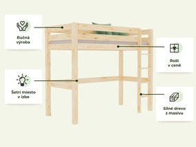 Tartak Meble Dřevěná vyvýšená postel MAKALU pro děti 90x200 cm Zvolte barvu: Transparentní lazura