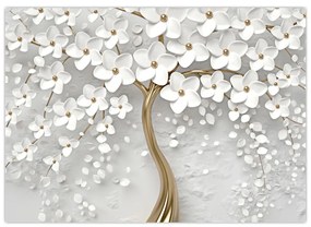 Skleněný obraz bílého stromu s květinami (70x50 cm)