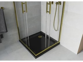 Mexen Rio, čtvercový sprchový kout s posuvnými dveřmi 70 (dveře) x 70 (dveře) x 190 cm, 5mm čiré sklo, zlatý profil + černá sprchová vanička SLIM se zlatým sifonem, 860-070-070-50-00-4070G