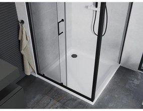Mexen APIA, sprchový kout s posuvnými dveřmi 90 (dveře) x 90 (stěna) cm, 5mm čiré sklo, černý profil + bílá sprchová vanička, 840-090-090-70-00-4010B