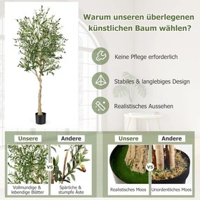 Costway Umělý olivovník s 1296 listy a 72 plody Olivovníky 182 cm, zelený