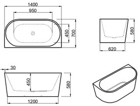 BPS-koupelny Volně stojící akrylátová vana ke stěně HYD-LE527A 140x70 bílá, odtokový komplet bílá mat