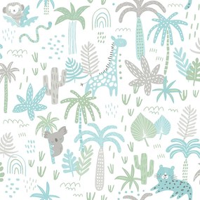 Papírová dětská tapeta se zvířátky, palmami a listy 454-1, Pippo, ICH Wallcoverings