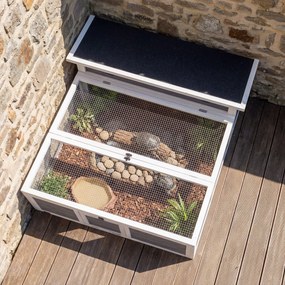 PawHut Dřevěný želví domek s volným výběhem hlavní domek s oknem na pantech 2 dveře 113x106,5x44,5 cm Tmavě šedý