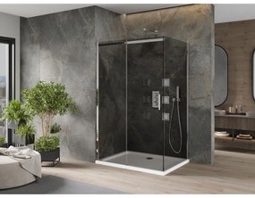 Mexen Omega, sprchový kout s posuvnými dveřmi 130 (dveře) x 90 (stěna) cm, 8mm šedé sklo, chromový profil + slim sprchová vanička bílá + chromový sifon, 825-130-090-01-40-4010