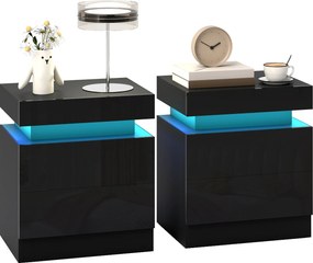 HOMCOM sada 2 LED nočních stolků s 16 barvami a 4 režimy se 2 šuplíky, z dřeva, 45x35x52 cm, černá