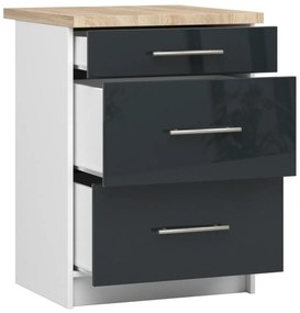 Kuchyňská skříňka Olivie S 60 cm 3S bílá/černá s grafitovým leskem/dub sonoma