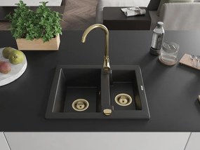 Mexen Carlos, granitový dřez 582x475x177 mm, 1,5-komorový, černá se zlatým sifonem, 6518581500-77-G