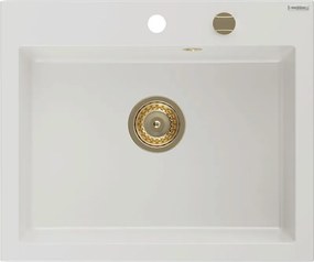 Mexen Elix granitový dřez 1-komorový 600 x 500 mm, bílý, zlatý sifon - 6525601005-20-G