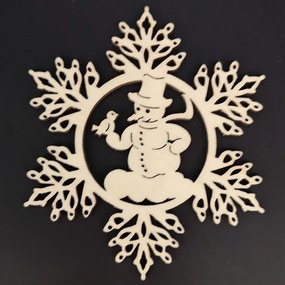 AMADEA Dřevěná ozdoba vločka se sněhulákem 9 cm