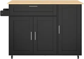 Aosom Mobilní kuchyňský stůl s výsuvnou pracovní deskou, zásuvkou, regálem na koření, držákem na ručníky, 132,5 x 44/70 x 90 cm, černá+přírodní barva