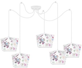 Dětské závěsné svítidlo Diamond Spider, 5x bílé textilní stínítko se vzorem