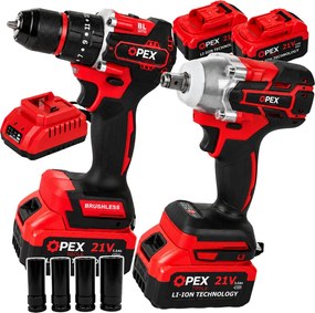 OPEX TOOLS Sada 2 v 1: vrták a šroubovák + akumulátový rázový klíč, 2x aku 21 v, 3 ah