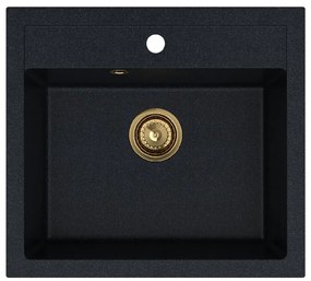 Sink Quality Ferrum, kuchyňský granitový dřez 565x510x205 mm + zlatý sifon, černá skvrnitá-Brocade, SKQ-FER.B.1K60.XG