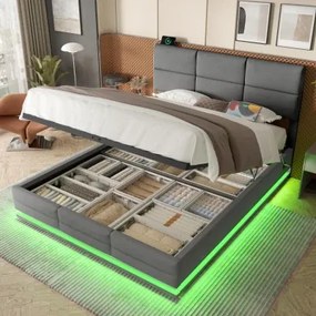 Aosom 160x200 cm moderní sametová postel s polštáři, vybavená třístupňovým nastavitelným čelem postele, včetně USB/Typ-C portů a LED ambientního osvě…