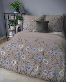 Detexpol Flanelová sada ložního prádla 220x200 taupe s modrými květy - Pastel Flowers - 5633 A