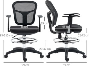 Kancelářská židle Vinsetto Ergonomická počítačová židle 95-115 cm s područkami a podnožkou Mesh Black pro kancelář a domácí kancelář |