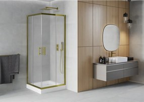 Mexen Rio, čtvercový sprchový kout s posuvnými dveřmi 70 (dveře) x 70 (dveře) x 190 cm, 5mm sklo námraza, zlatý profil + bílá sprchová vanička RIO, 860-070-070-50-30-4510