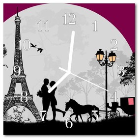 Nástenné skleněné hodiny Láska Paříž 30x30 cm