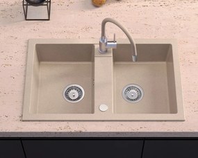 Béžový (pískový) dvoukomorový kuchyňský granitový dřez QUADRON DENZEL 120 bez baterie