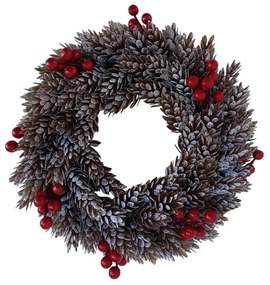 Plastový věnec ojíněný šišky a červené bobule, d. 26 cm