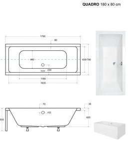 Hopa QUADRO 180 x 80 cm VANQAUD180+OLVPINOZSTELWD vana vč. nožiček