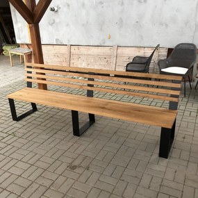 KULHÁNEK Designová zahradní lavice s nohami z ploché oceli - dlouhá Délka: 250 cm, Odstín nátěru: individuální, Odstín podnože: černá - RAL 9005