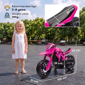 Elektrická motorka pro děti, 12V dětská motorka s tréninkovými koly, dětské vozidlo s klaksonem a zvukem startování, 3 km/h, růžová barva
