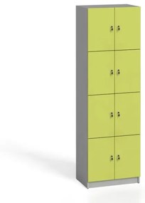 Dřevěná šatní skříňka s úložnými boxy, 8 boxů, 2x4, šedá / zelené