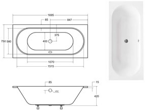 NIKIDO - B Akrylátová vana VITAE SLIM 150x75, 160x75, 170x75, 180x80 Velikost: 150x75