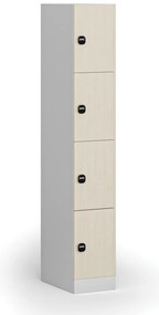 Šatní skříňka S1 s úložnými boxy, 4 boxy, 1850 x 300 x 500 mm, demont, RFID zámek, laminované dveře, bříza