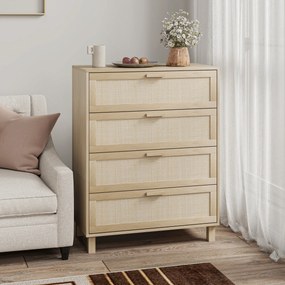 HOMCOM komoda se 4 zásuvkami, ratanový vzor, rozměry 80D x 40Š x 103V cm, MDF světlé dřevo