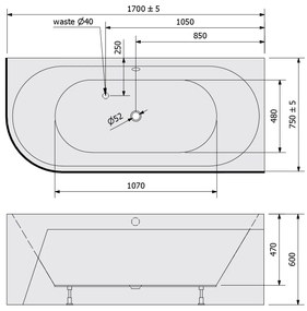 Polysan, VIVA R MONOLITH asymetrická vana 170x75x60cm, bílá, 78119M
