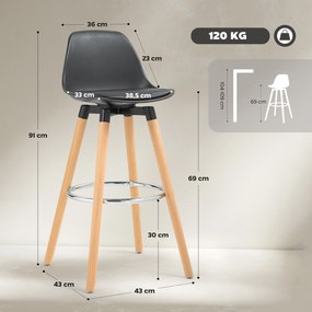HOMCOM Sada 2 vysokých kuchyňských barových židlí, výška sedáku 69 cm, čalouněné PU s opěrkou a dřevěnými nohami pro jídelnu, černé