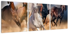 Obraz - Koně v poušti (s hodinami) (90x30 cm)