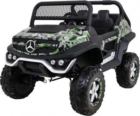 Ramiz Mercedes Benz Unimog elektrické autíčko pro děti maskáčové + pohon 4x4 + dálkové ovládání + nosič zavazadel + pomalý start + rádio MP3 + LED