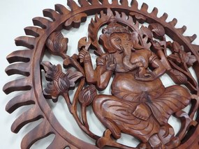 Závěsná dekorace Mandala GANESHA hnědá, exotické dřevo, ruční práce, 40 cm