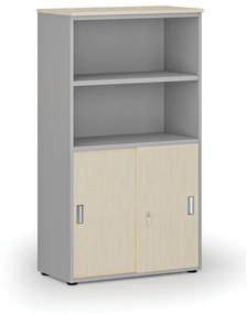Kombinovaná kancelářská skříň PRIMO GRAY, zasouvací dveře na 2 patra, 1434 x 800 x 420 mm, šedá/bříza