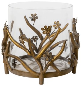 Skleněný svícen s kovovým stojánkem s patinou a květy Marje- Ø 33*28 cm
