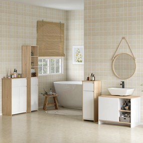 Moderní koupelnová skříňka pod umyvadlo kleankin s přihrádkami a dveřmi 77x45x60 cm Bílá a Přírodní